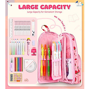 LISEVO Cute Strawberry Pencil Case,Unique Aesthetic 3D Schoolbag-Shaped Pencil Pouch for Girls Boys Kids Women,Big Capacity Pen and Pencil Stationery Organizer Bag with Zippers for School Office