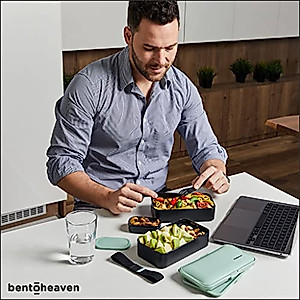 Bentoheaven Premium Bento Box Adult Lunch Box with 2 Compartments (40oz), Cutlery & Set of Chopsticks, Large Dip Container, Cute Black Japanese Bento Box, Rectangle, Microwavable (Billie Green)