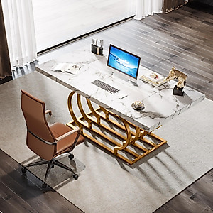 Tribesigns 63" Modern Office Desk, White and Gold Executive Desk, Large Computer Desk Home Office Desk with Gold Metal Frame, Wood Workstation Study Writing Desk