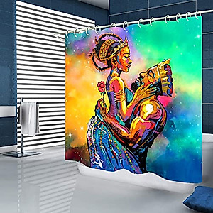 African American Men and Women Shower Curtain Sets, 4PCS Set for Bathroom Decor-1 HD Pattern Printing Shower Curtain & 3 Non-Slip Toilet Rugs and Lid Cover (Red)