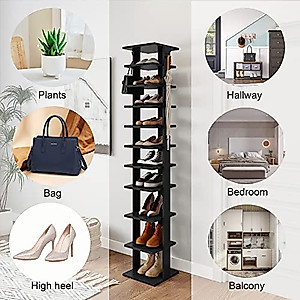 HOME BI 10 Tiers Vertical Shoe Rack, Tall Skinny Wooden Boot Shelf, Narrow Slim Shoe Tower, Free Standing Shoe Cabinet with Hooks for Entryway, Closets, Corner, Wall, Front Door, Outdoor, Black