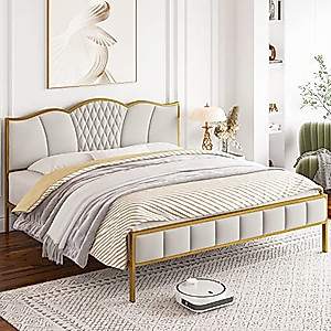 HITHOS Queen Size Bed Frame, Modern Upholstered Bed Frame with Tufted Headboard, Heavy Duty Platform Bed with Wood Slat Support, Noise Free, No Box Spring Needed (Light Grey, Queen)