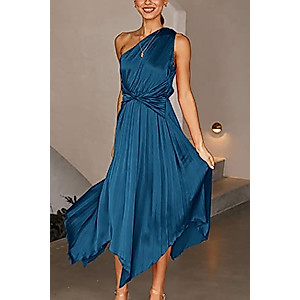 PRETTYGARDEN Women's Summer Long Satin Dress One Shoulder Sleeveless Ruched Twist Flowy Maxi Dresses (Lake Blue,Small)