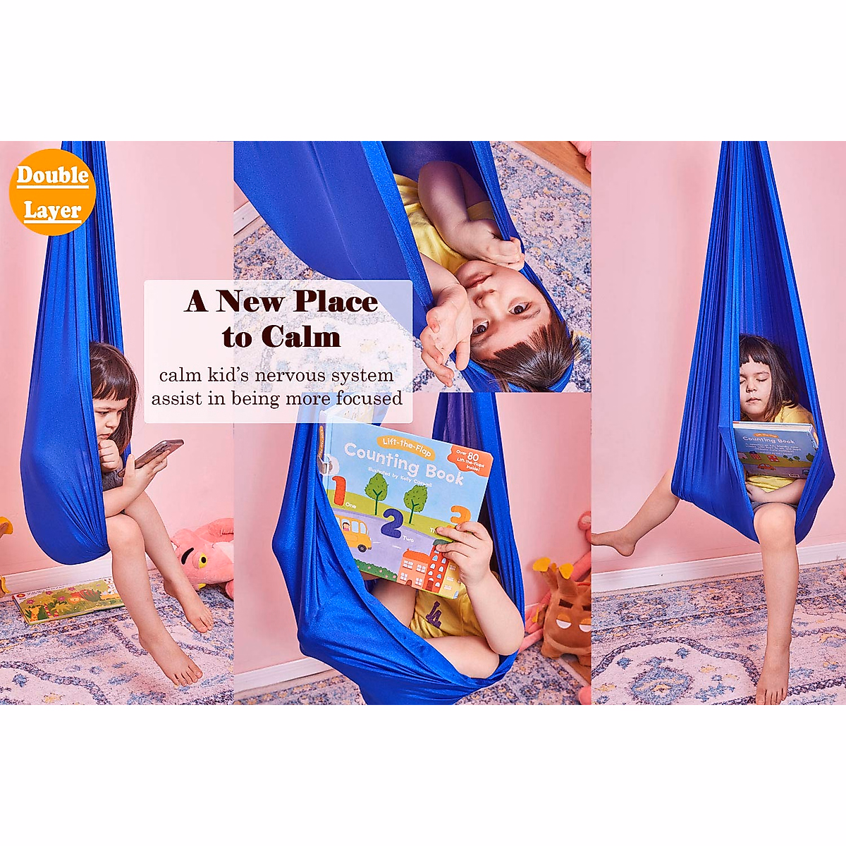 Indoor Sensory Swing for Kids with Mounting Hardware, Double-layer Clothes Indoor Swing Hanging Hammock Chair Lycra Cuddle Pod Therapy Swings for Autism Child with Special Needs(Blue)