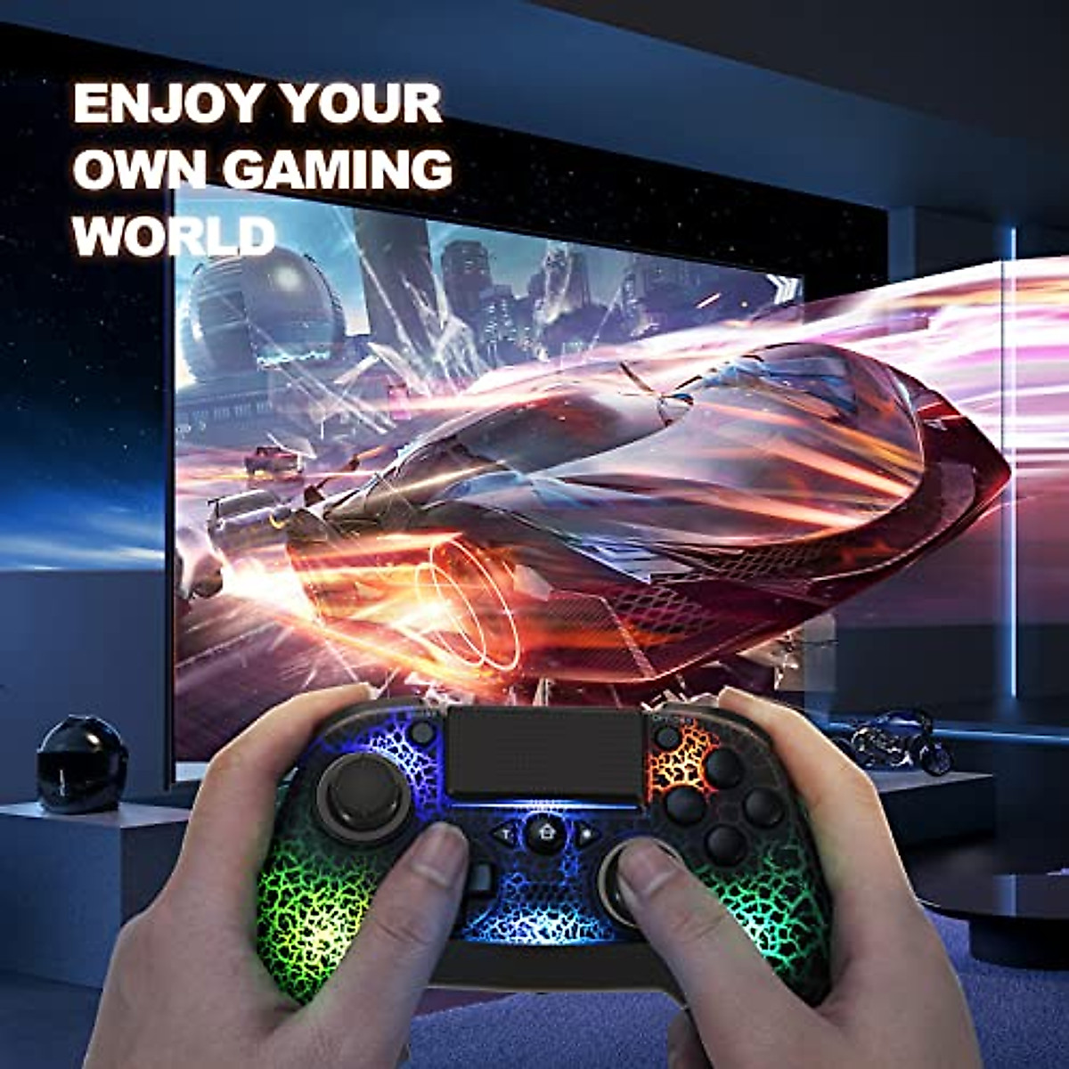 Wanzuwbip Wirless Controller for PS4 Gamepad Compatible for PS4/Slim/Pro/PC with Unique Cracked Surface Design/8 Adjustable LED Colors/Programmable Back Buttons/Super Turbo for PS4 Controller