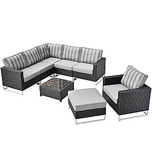 XIZZI Patio Furniture Set Outdoor Sectional Sofa 8 Pieces No Assembly Required Conversation Sets All Weather PE Rattan Wicker Couch with Coffee Table and Ottoman,Dark Grey Stripes
