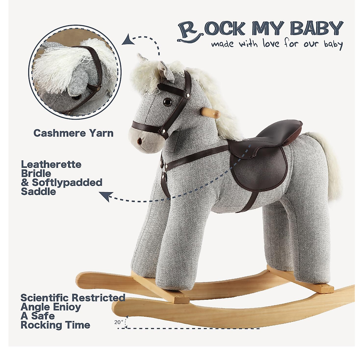 Rock My Baby Rocking Horse Gray, Ride on Pony with Realistic Sound, Wooden Rocking Toy, Rocking Animals, for Boy and Girl Age 2 Years and up (Gray Pony),CPC Certified