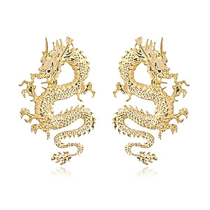 Punk Gold Tone Firery Dragon Stud Earrings For Women 2024 Unique Chic Metal Dragon Statement Earrings Jewelry - Gold