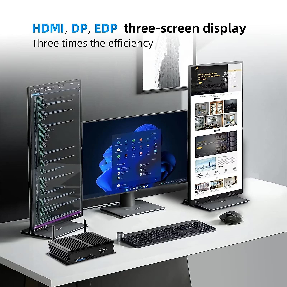 Mini Desktop Computer, Core i7-8550U, 32GB DDR4 RAM 1TB SSD, 4K@60Hz Triple Display HDMI, DP, EDP, Dual Gigabit Ethernet, 4USB2.0, 4USB3.0, 6RS232 COM, LPT port, Dual Band WiFi, Bluetooth4.2, Win11