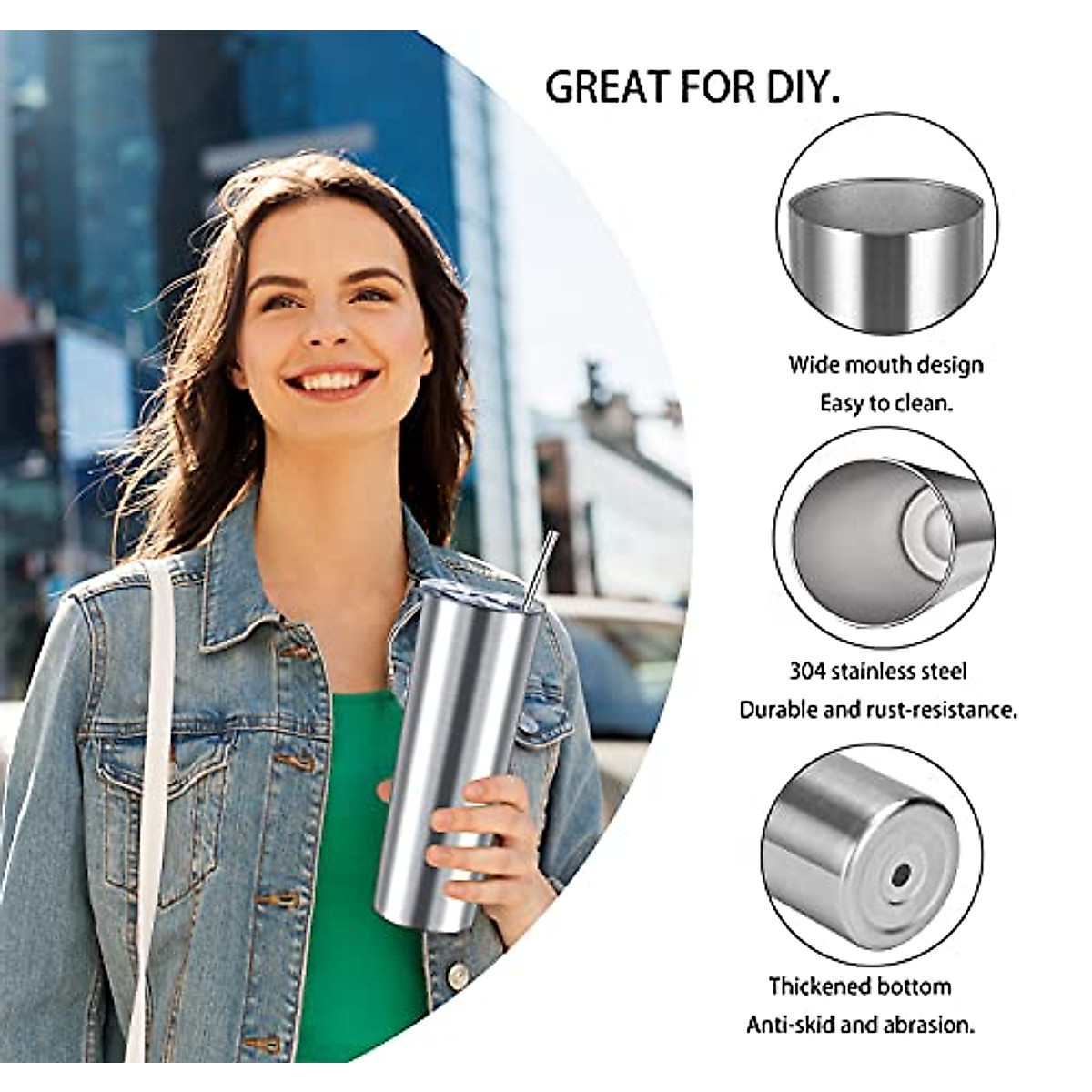 Cosictic 20 Oz Skinny Tumbler Set of 4, Slim Insulated Stainless Steel Travel Tumbler with Lid and Straw, Skinny Water Tumbler for Diy Birthday Gift, Silver