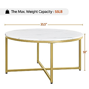 Yaheetech Modern Marble Coffee Table, Faux Accent Round Table Cocktail Table w/X-Base & Sturdy Metal Legs & Protective Foot Pads for Living Room, Mustard Gold