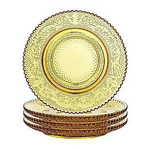 Sizikato 4pcs Amber Glass Snack Plate with Lace Trim, 6-Inch Dried Fruit Plate Dessert Plate for Home and KTV