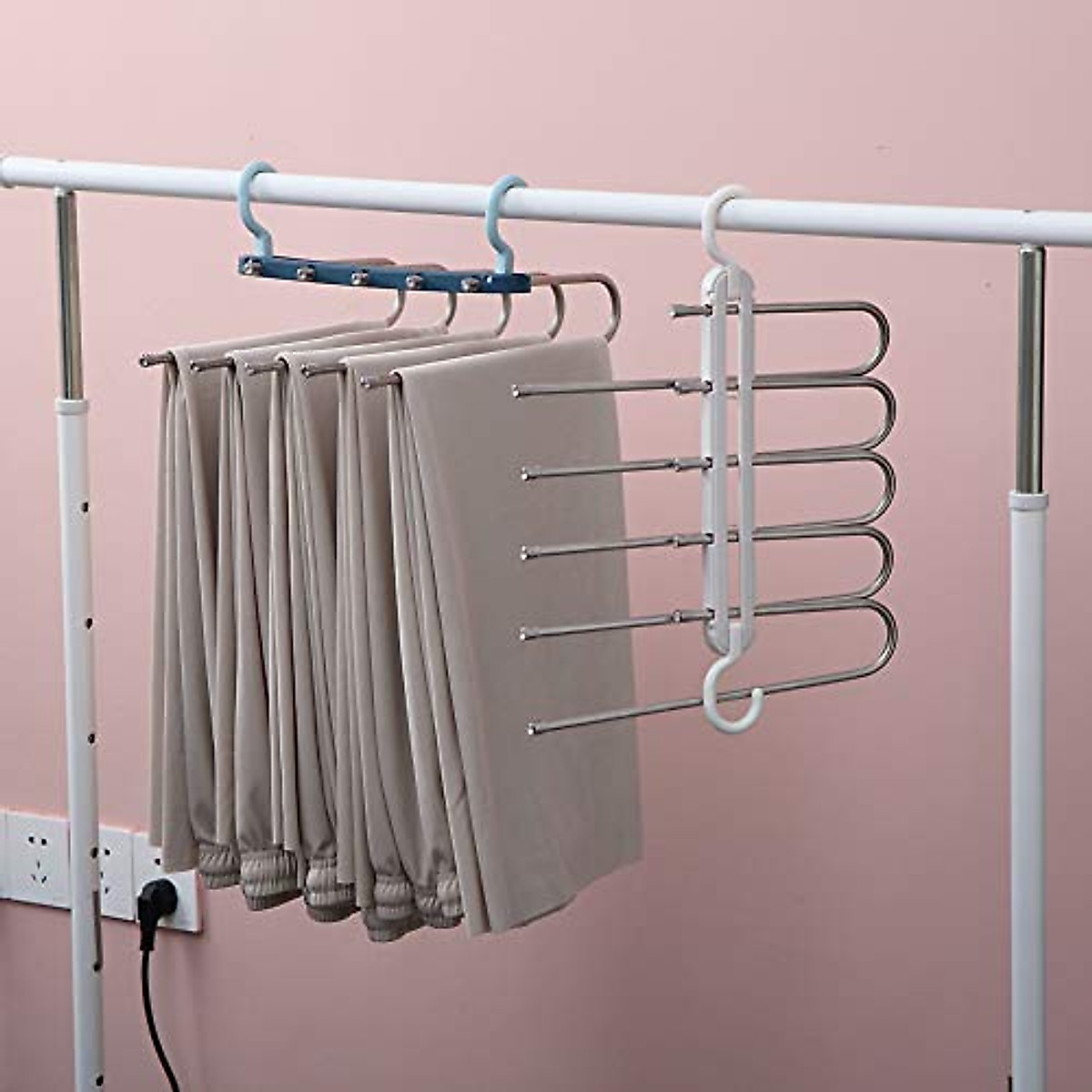 Unioax Pants Hangers Space Saving Pants Rack 5 in 1 Non-Slip Folding Trousers Hanger Multi-Functional Pants Organizer for Closet Wardrobe Scarf Jeans Ties Slacks Storage, Blue
