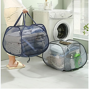 Alkrtiyf Large Laundry Basket,Mesh Pop Up Laundry Hamper,Collapsible Tall Clothes Hamper,hampers for bedroom,for beach clothes Underwear Panties Socks Toy Storage (2PCS Navy Blue, 90L)