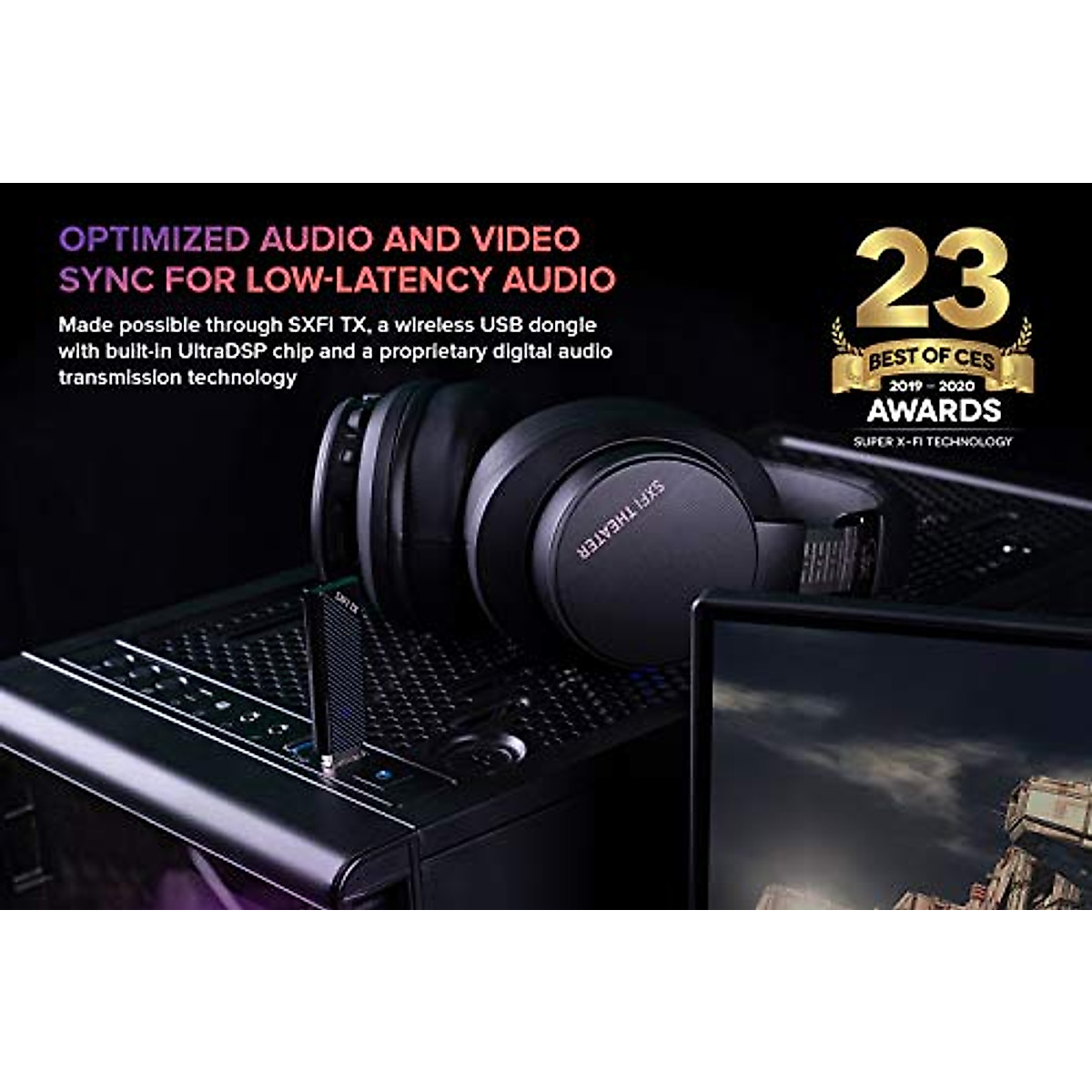 Creative SXFI Theater 2.4 GHz Low-Latency Wireless USB Headphones with Super X-Fi, 50mm Drivers, Up to 30 Hours of Battery Life, 3.5mm Analog Mode, Detachable Mic, for Movies