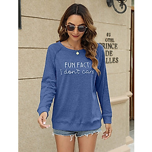 EADINVE "FUN FACT: I don't care Letter Print Women's Crewneck Sweatshirt Raglan Long Sleeve Casual Pullover Tops Blue Medium