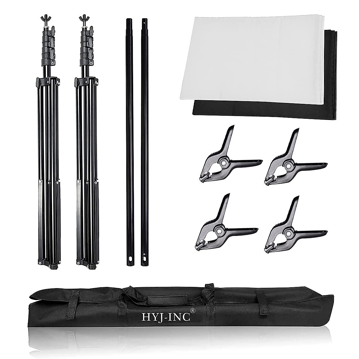 HYJ-INC Photo Background Support System with 8.5 x 10ft Backdrop Stand Kit, 100% Cotton Muslin Backdrop (White Black),Clamp, Carry Bag for Photography Video Studio