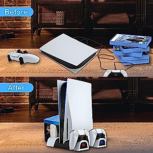 PS5 Stand and Cooling Station,Dual PS5 Controller Charger for PS5 Console,Remote Control 10 Game Solts 3-Level Cooling Fan Compatible with Platstation 5 Disc & Digital Editions