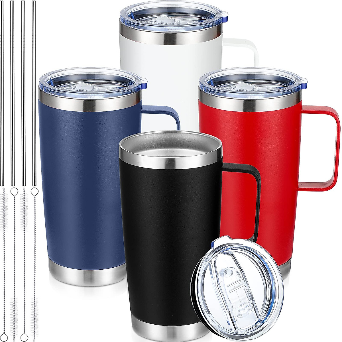 4 Pcs 20 oz Tumbler Mug with Lid and Straw, Insulated Travel Coffee Mug with Handle, Double Wall Vacuum Travel Mug Stainless Steel Sublimation Tumbler Thermal Cups, Black, Blue, White, Red