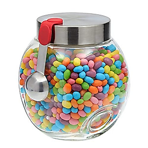 Glass Jar Candy Dispenser with Scoop and Stainless Steel Lid, Penny Jar for Cookies, Nuts, Dry Goods, Jelly Beans, Countertop Food Storage Organization (58 Ounces)
