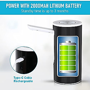 Water Bottle Pump, 2000mAh Battery USB Water jug Pump for 5 Gallon Water Pump,Portable Automatic Water Dispenser Pump for Home Office RV Camp (Foldable) Black