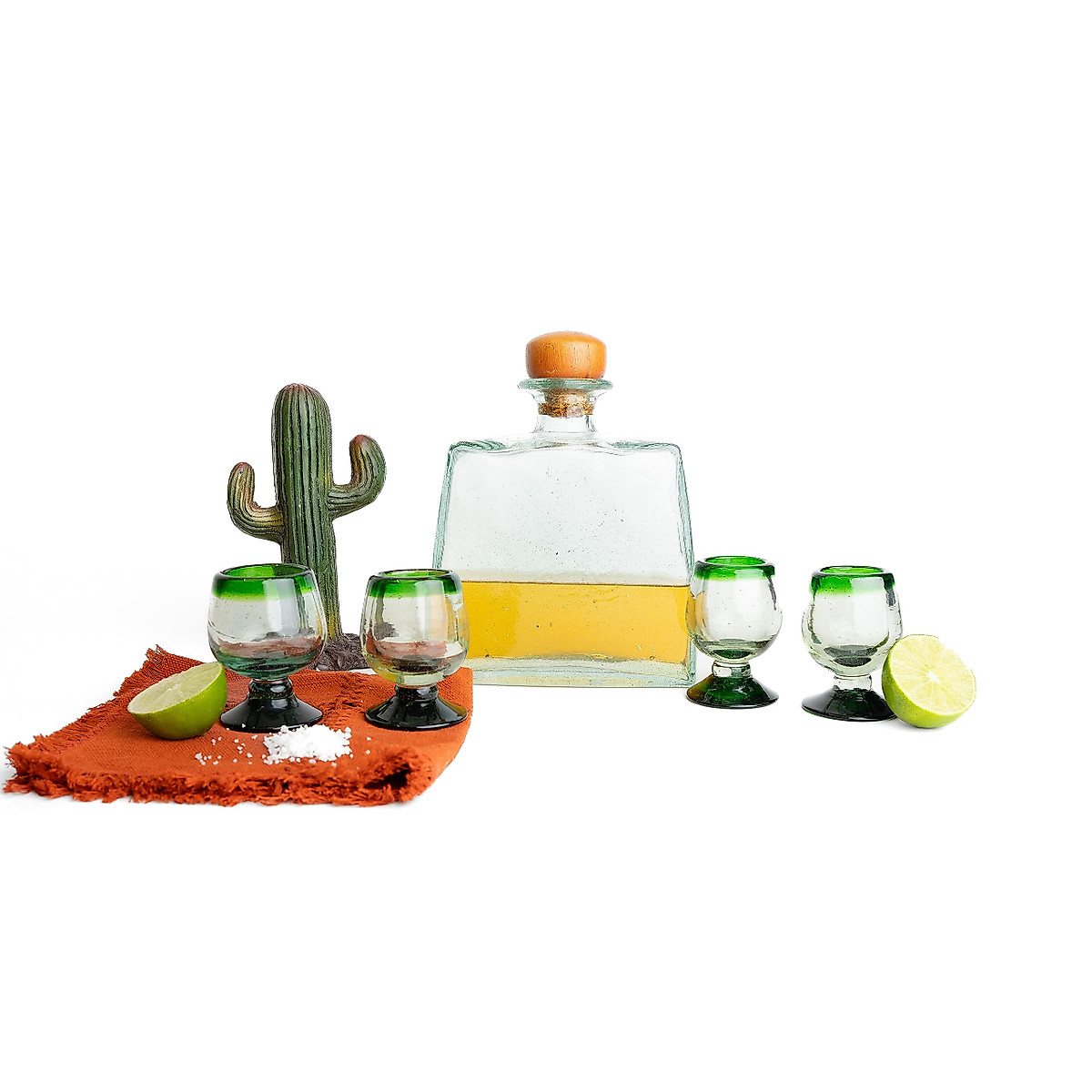 MEXTEQUIL - Authentic Mexican Tequila Hand Blown Shot Glasses - Set of 4-2 oz - Mini Glass Snifters - Heavy Base - Cognac (Green Rim)