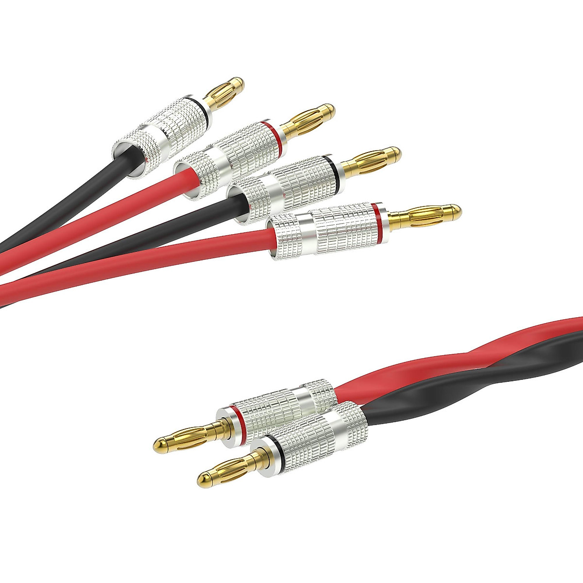 ChromaLeaf Canare 4S11 Bi-Wire Professional Audio Speaker Cable | 2 Bananas to 4 Bananas | Black Techflex | Premium Gold Plated Banana Plugs | 8 Feet | Assembled in The USA