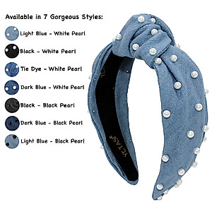 YETASI Denim Blue Pearl Knotted Headband for Women. Comfy Soft Fabric Top Knot Headband. Light Blue Jean Headband for Women Fashion Gets Compliments.