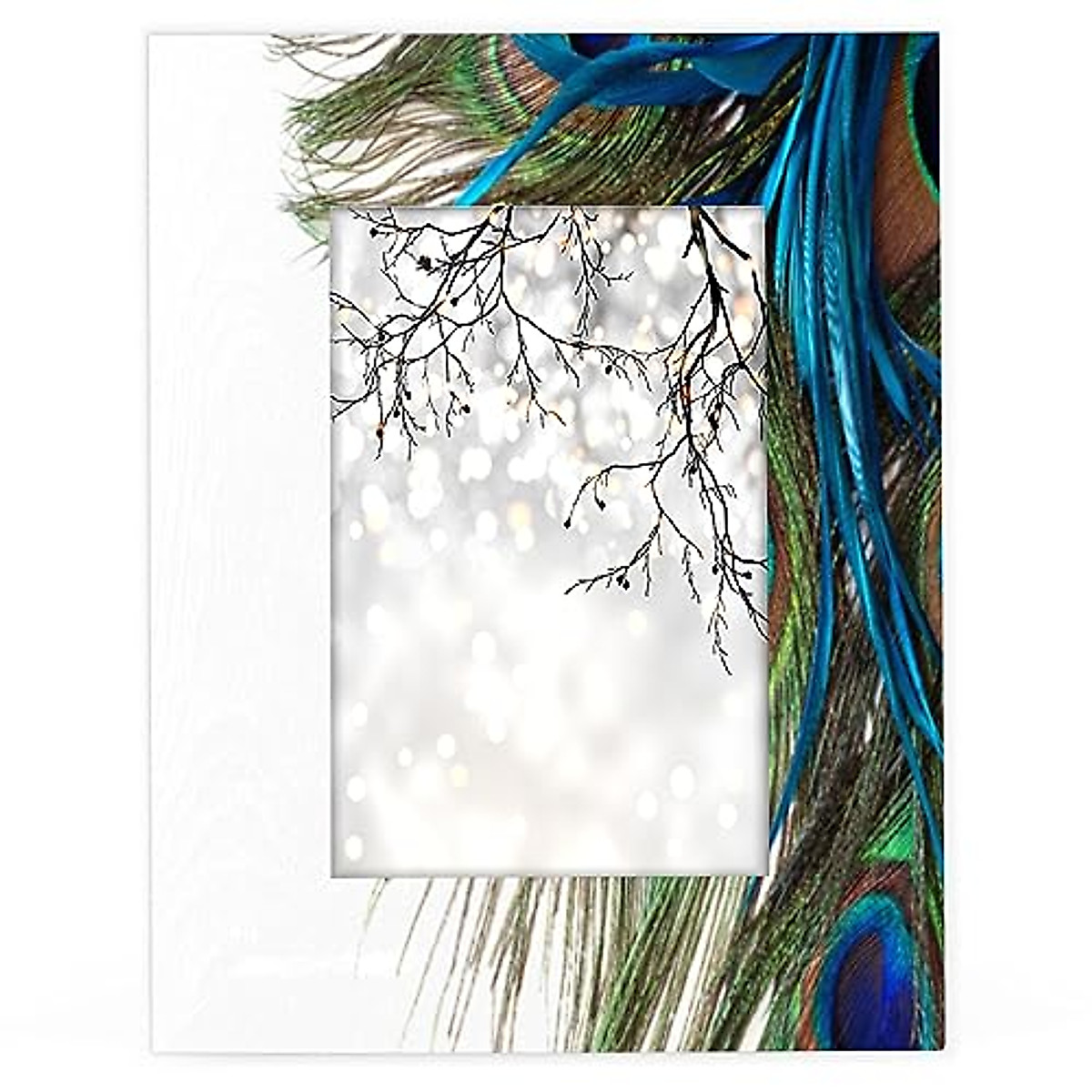 Peacock Feather 8x10 Picture Frame, Boho Wooden Photo Frame for Wall Mounting or Tabletop Living Room Bedroom Home Decor
