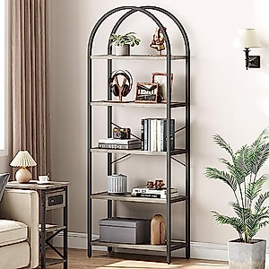 IDEALHOUSE Bookshelf 5 Tier Bookcase Arched Display Racks Tall Standing Bookshelves Metal Frame Farmhouse Storage Rack Shelf Grey Book Shelf for Bedroom, Living Room, Home Office