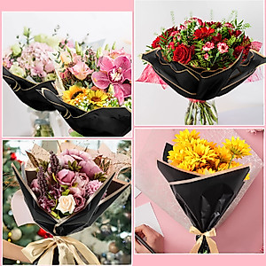 Yahenda 420 Sheet Black Flower Wrapping Paper Flower Bouquet Wrapping Paper Sheets with Gold Edge Korean Style Wrapping Paper for DIY Craft Gift Package Decoration Floral Supplies, 23 x 23 Inch