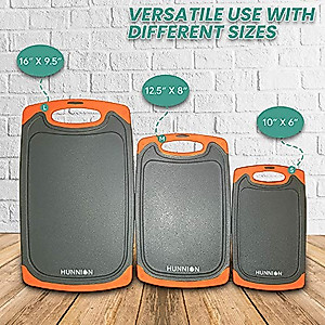 HUNNION Kitchen Cutting Board 3 Piece Set : Juice Grooves with Easy-Grip Handles, BPA-Free, Non-Porous, Dishwasher Safe, Multiple Size Plastic Cutting Boards (Orange)