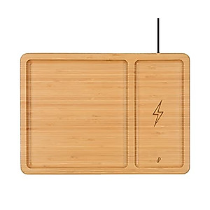 [PJ Collection] Bamboo Organizer Valet Tray with Wireless Charging, Desk and Night Stand Organizer, 2 in 1, 15W Charging Station，Wireless Charging Station