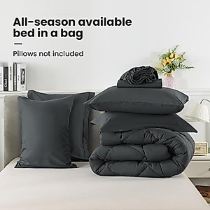 SameBed Queen Size Comforter Set, 7 Pieces Bed in a Bag, Bedding Sets with All Season Soft Quilted Lightweight Comforter, Flat Sheet, Fitted Sheet, 2 Pillow Shams, 2 Pillowcases, Dark Grey