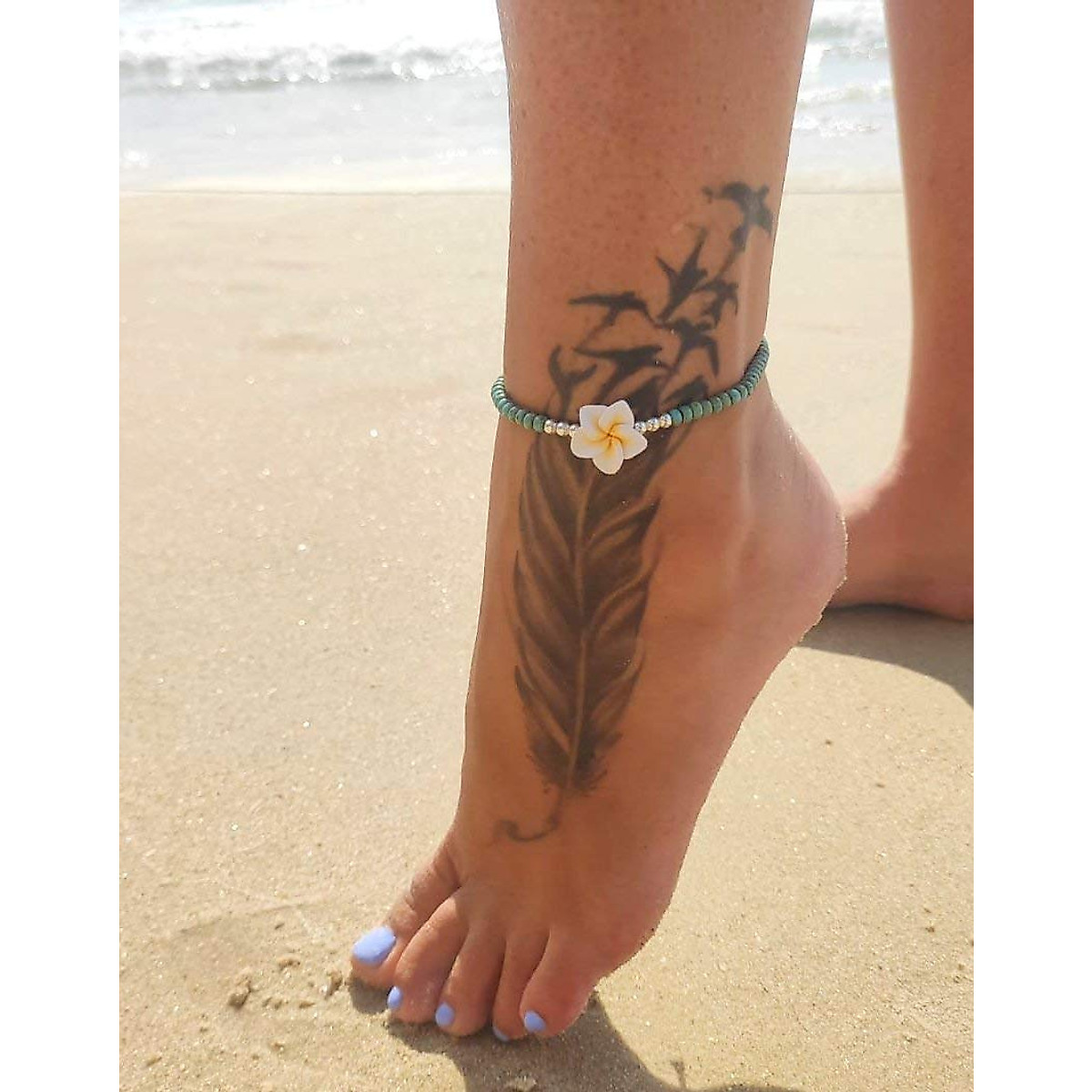 Boho Beaded Anklet for Women and Teen Girls, Unique Bohemian Turquoise and Sterling Silver Beaded Anklet with Hawaii Hawaiian Plumeria Flower, Handmade by Tribes