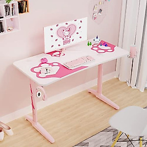 It's_Organized Pink Gaming Desk,47 inch Home Study Desk, Sturdy T-Shaped with Cup Holder Headphone Hook Controller Stand, Pink Desk Gift for Girl
