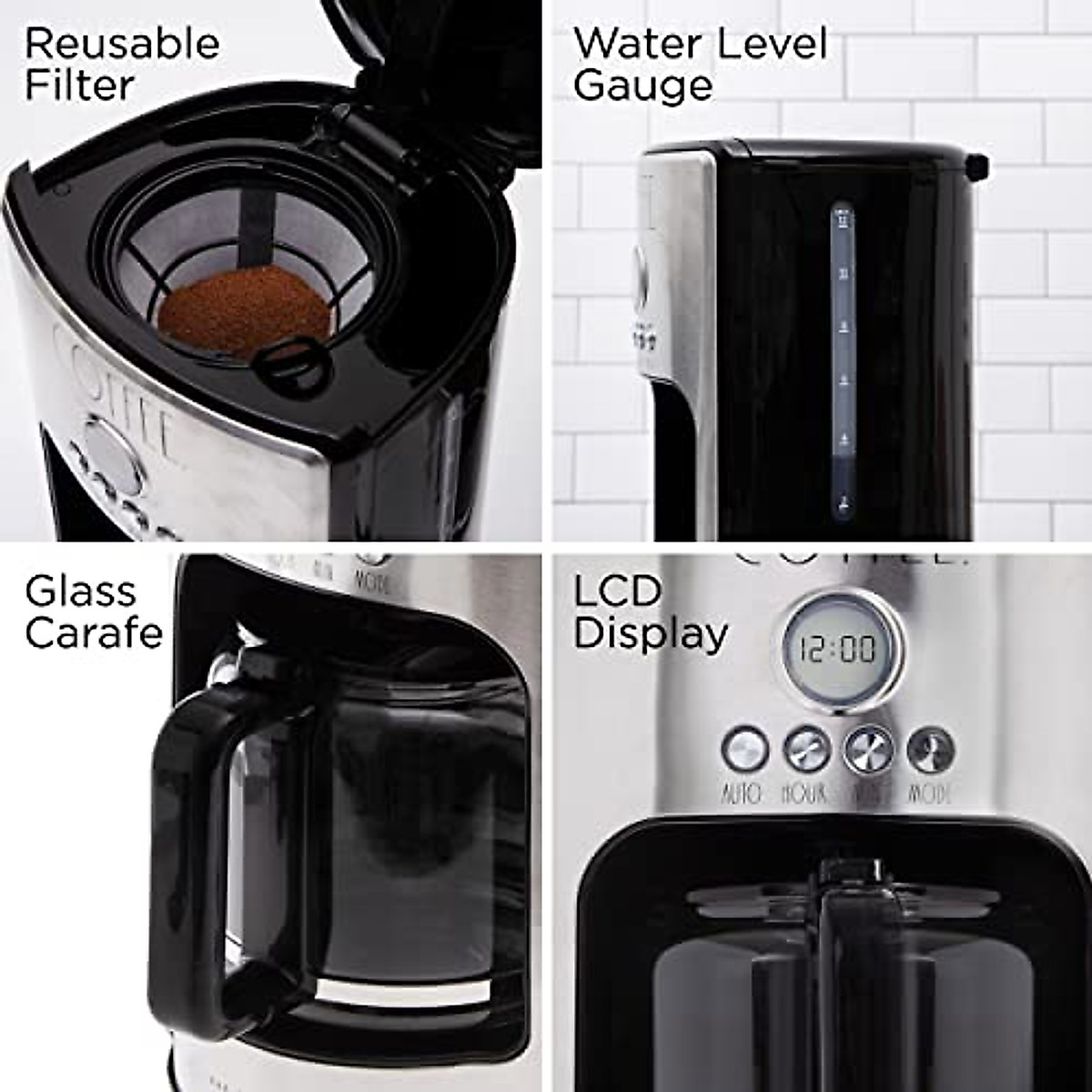 Rae Dunn Programmable Drip Coffee Maker, Coffee Pot for Kitchen, Electric Coffee Machine for Brewing Coffee, Black