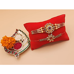 Palak Global Rakhi brass Bracelet, Unique designer Rakhi, Rakhi celebration with your Brother, Bhabhi/Sibling, Sister, Father & Family. Set of 2 (Fancy Rakhi with beautiful stones, Small)