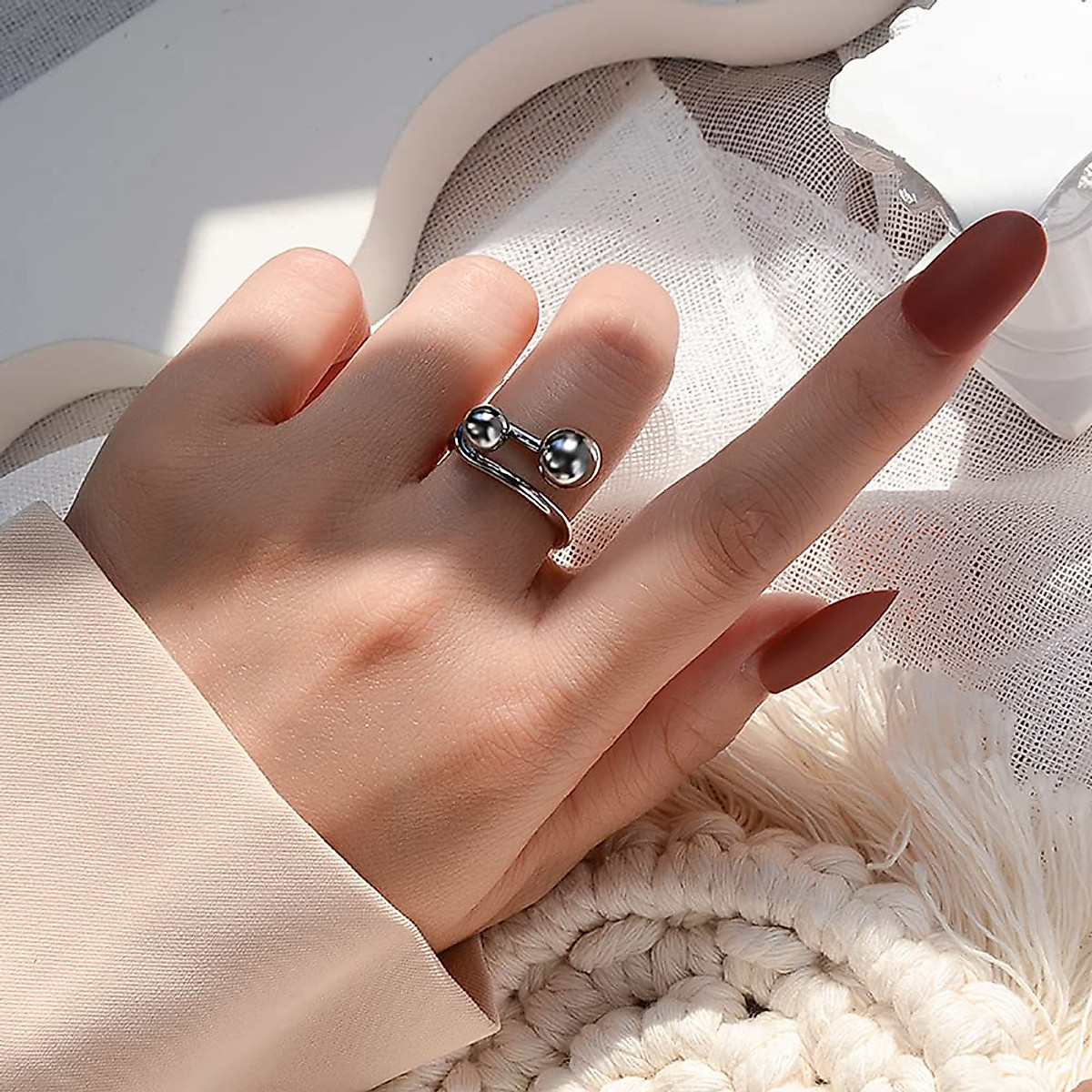 Polished Double Ball Statement Ring for Women Stainless Steel Spinning Simple Bead Band Finger Rings Comfort Fit Fashion Geometrical Holiday Birthday Christmas Jewelry Size 8