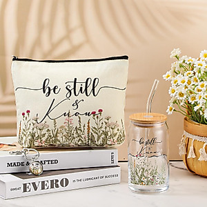 Ziliny 3 Pcs Christian Gifts for Women Be Still and Know Religious Gifts 16 oz Glass Cups with Lid Inspirational Scripture Keychain Bible Verse Cosmetic Bag Gifts for Teacher Student(Flower)