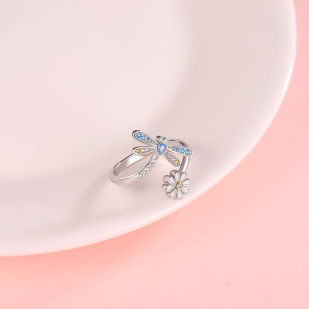 EJALEN 925-Sterling-Silver Dragonfly Daisy Rings for Women - Adjustable Wrap Flower Ring Cubic Zirconia Cute Animal Insect Jewelry Gifts for Women (Dragonfly)