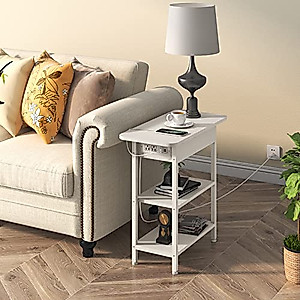 LIDYUK End Table with Charging Station, Flip Top Side Table with USB Ports and Outlets, Nightstand for Small Spaces, Bedside Tables with Storage Shelf for Living Room, Bedroom, White