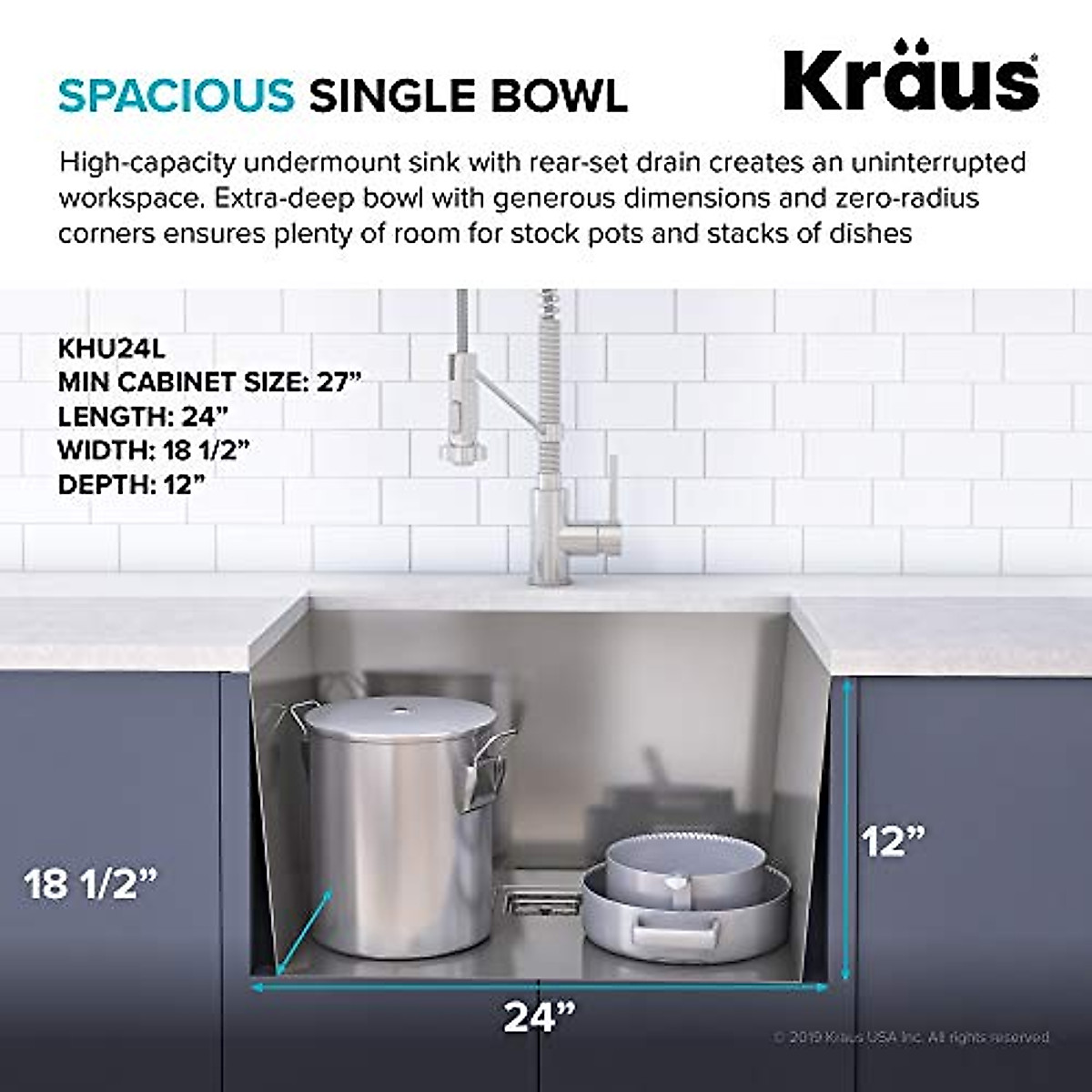 KRAUS Pax 24-inch 18 Gauge Undermount Single Bowl Stainless Steel Laundry and Utility Sink, KHU24L