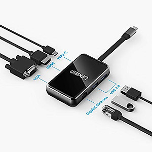USB C Hub, LINKWIN 6 in 1 Tempered Glass USB C Multiport Adapter, USB C to HDMI, VGA, 2 USB 3.0 Ports, USB C Charging, RJ45 Gigabit Ethernet, USB C Dock Dongle Compatible Apple MacBook Pro 13 (Black)
