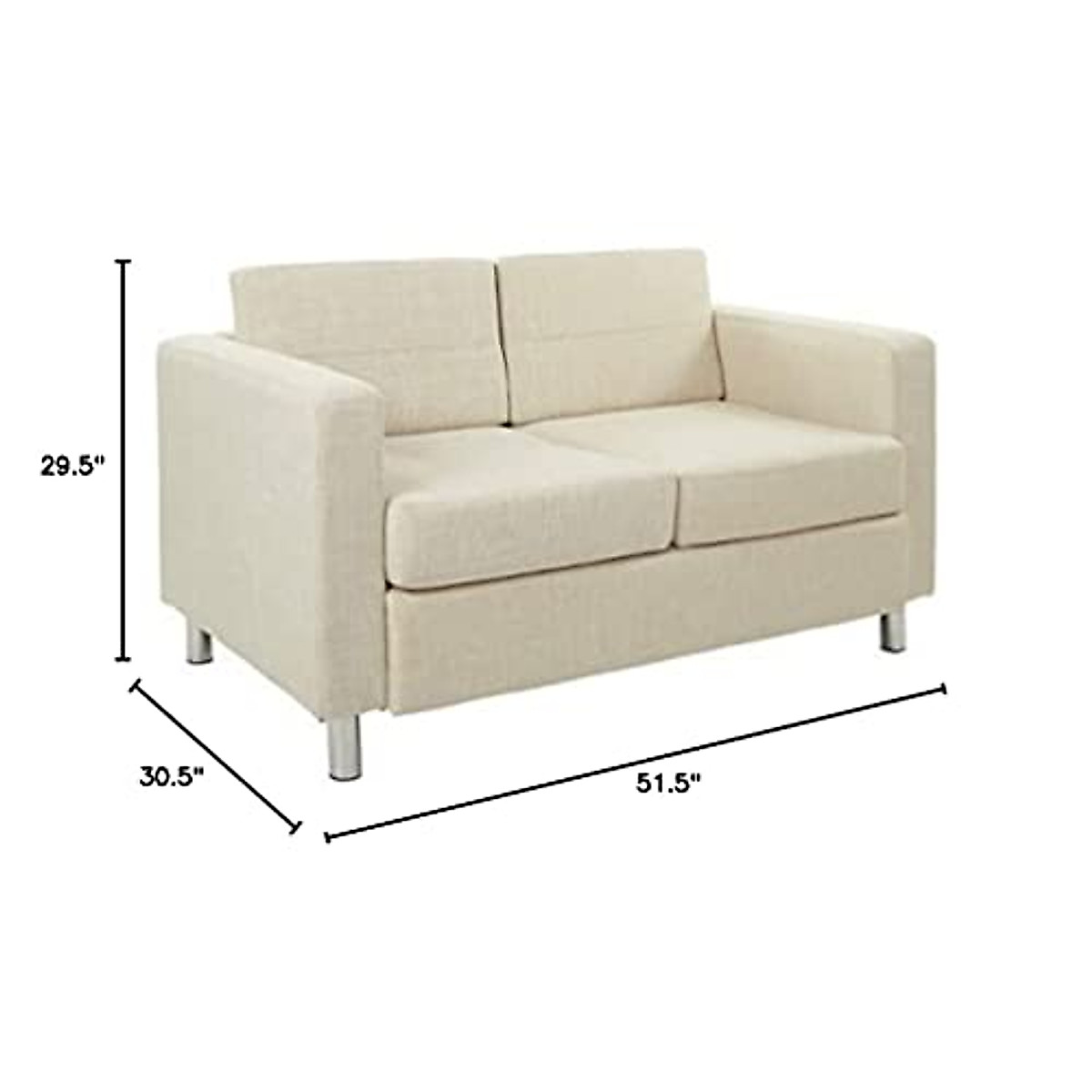 OSP Home Furnishings Pacific Loveseat with Padded Box Spring Seats and Silver Finish Legs, Cream Fabric