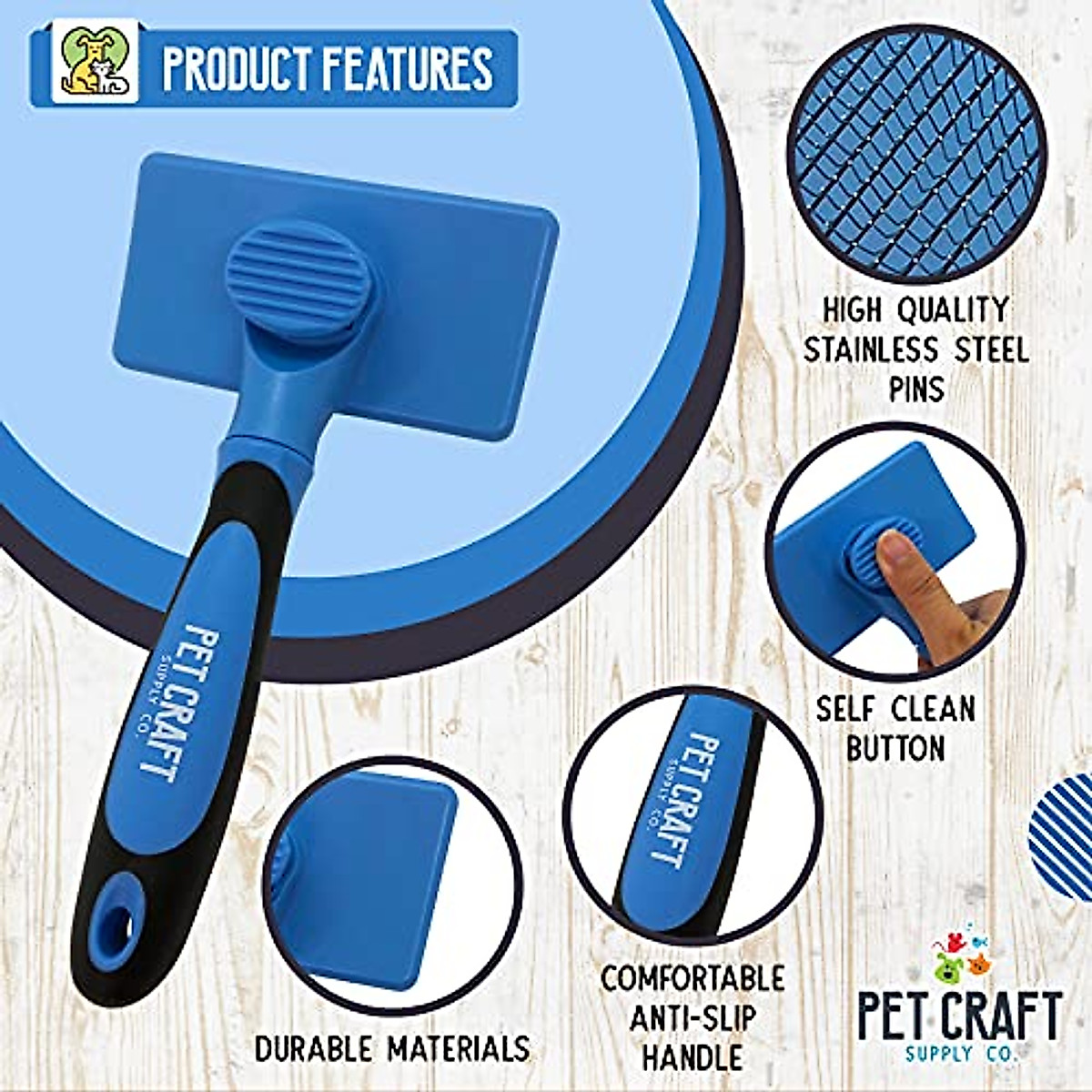 Pet Craft Supply Self Cleaning Grooming Slicker Pet Brush for Cats and Dogs Short Long Haired Fur Small Medium Large Metal Pin Bristle Comb Undercoat DeShedding DeMatting Detangler Puppy Kitten Blue