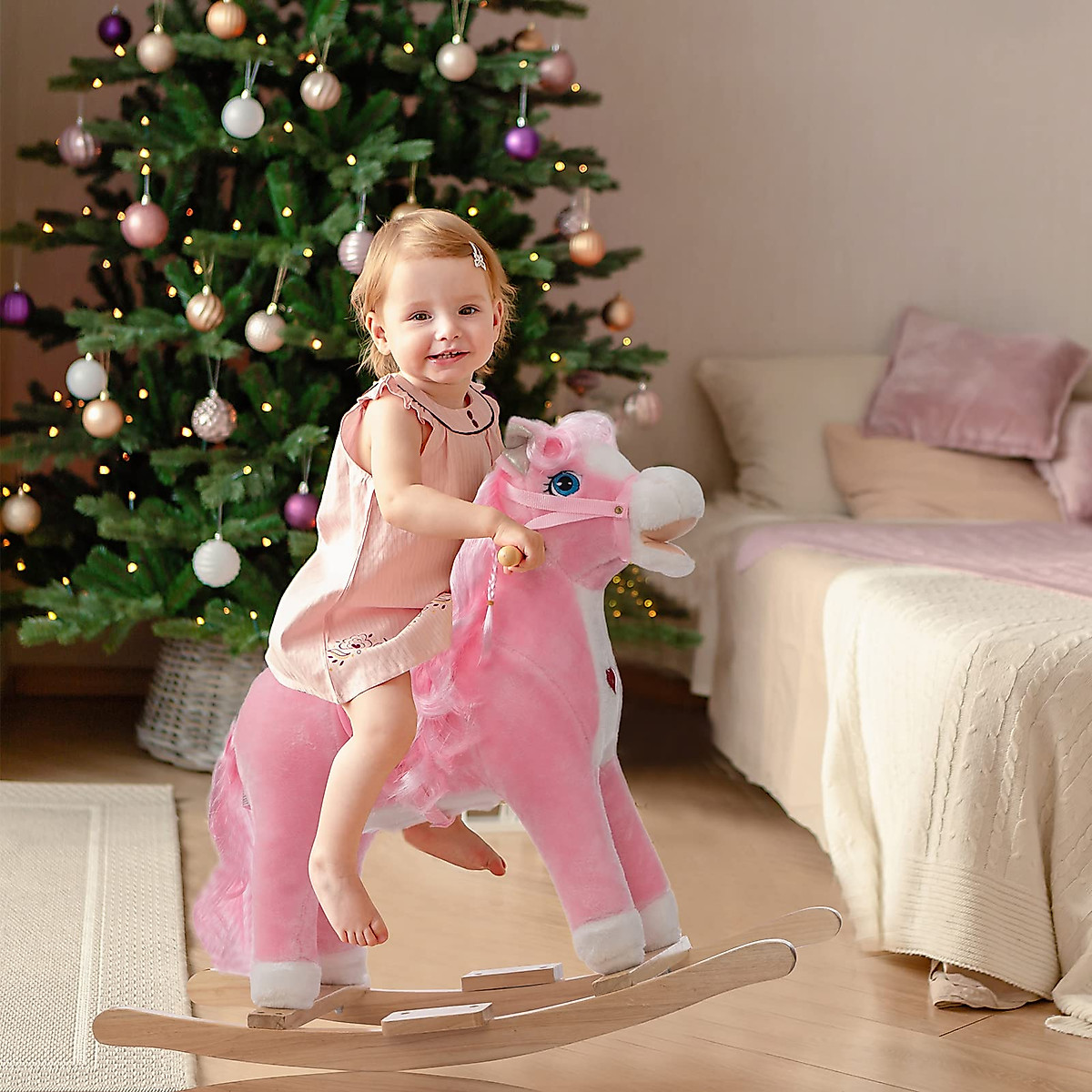 HollyHOME Child Princess Rocking Horse Riding Rocker with Sound Pretend Play Stuffed Animal Ride On Toy Pink