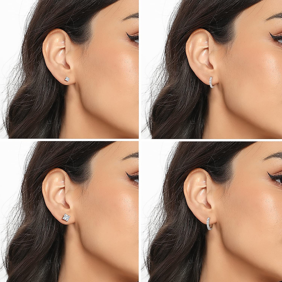 18K White Gold Plated Cubic Zirconia Tiny Huggie Hoop Earrings Pack for women men 4 Pairs