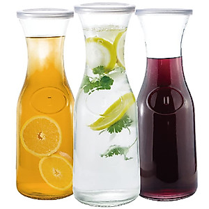Glass Carafe Pitcher 1 LITER Clear ZERO LEAD For Water, Wine, Milk, Juice, Mimosa Bar With ZERO BPA Easy snap on Lids - 34 Ounces (PACK OF 3)