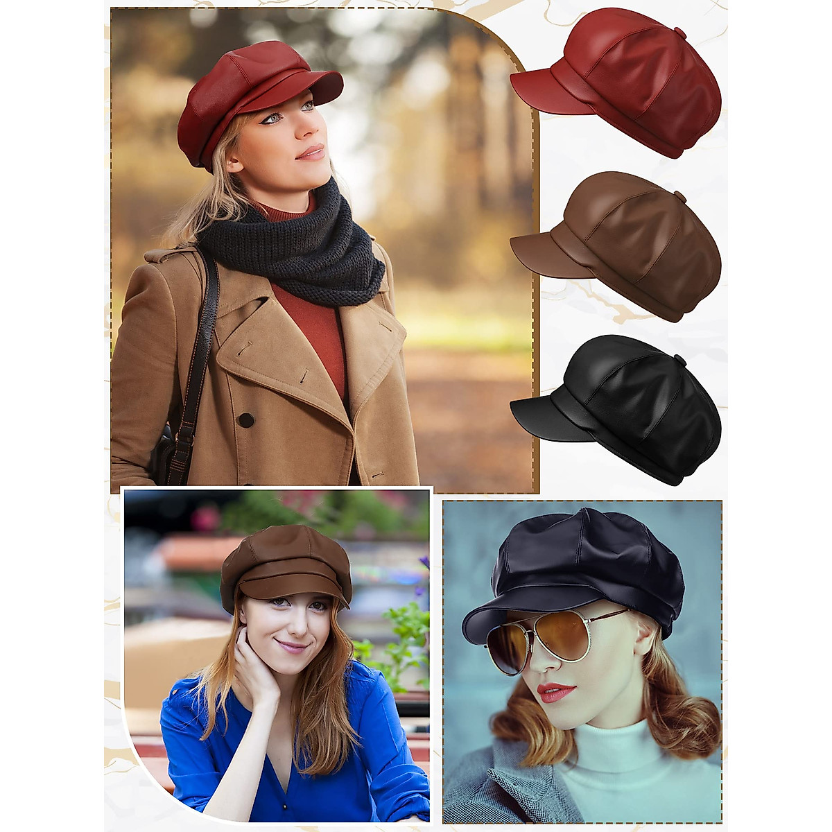 Funtery 3 Pcs Women Newsboy Hats PU Leather Visor Beret Cabbie Hat 8 Panel Vintage Women Fiddler Cap Faux Leather Baker Hat(Khaki, Red, Black)